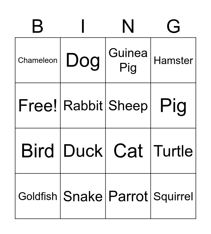 Pet Bingo Card