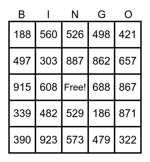 Three Digit Numbers Bingo Card