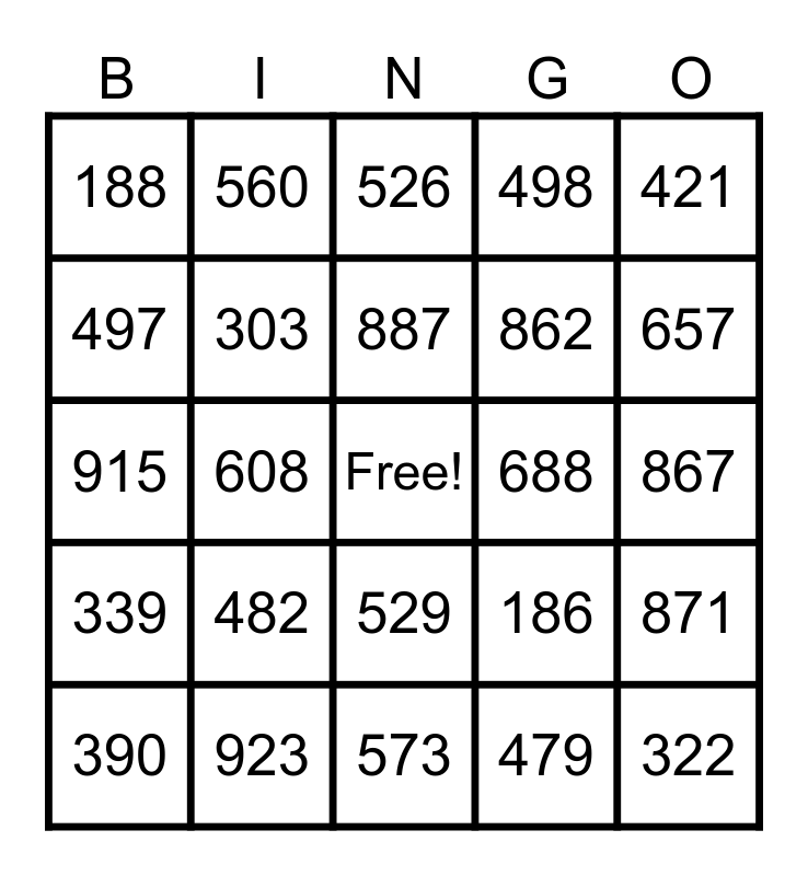 Three Digit Numbers Bingo Card