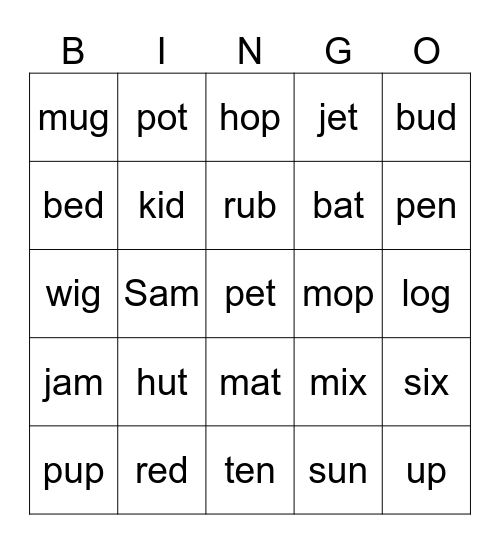 short vowel Bingo Card
