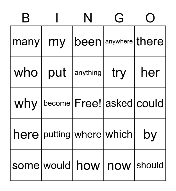 Wilson 2.1-2.3 High Frequency Words Bingo Card