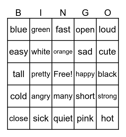 Adjectives Bingo Card