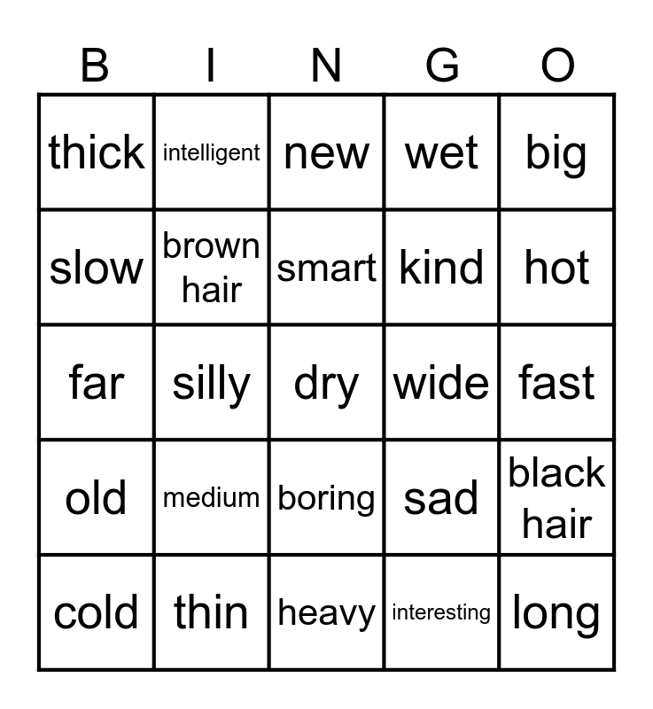 English Adjectives Bingo Card