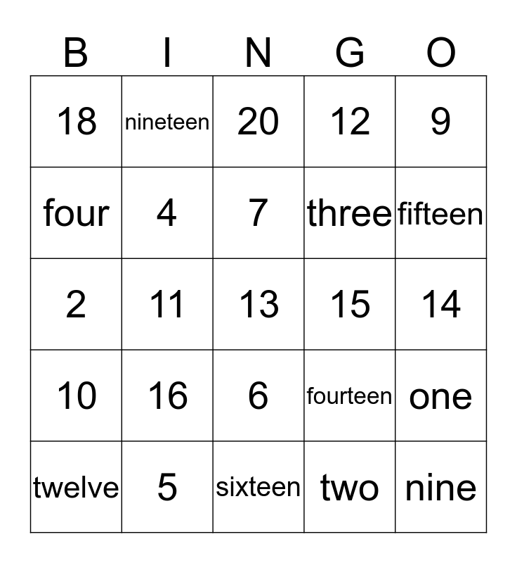 Numbers 1-20 Bingo Card