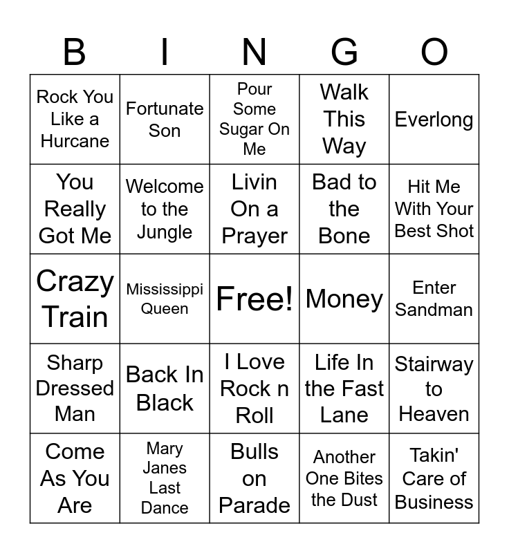 Rock Out Bingo Card