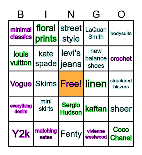 Fashion Bingo Card