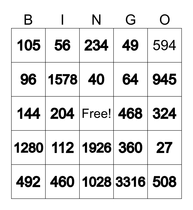 Multi-digit by Single-digit Multiplication Bingo Card