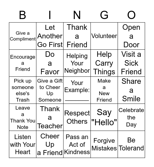 Random Acts of Kindness Bingo Card
