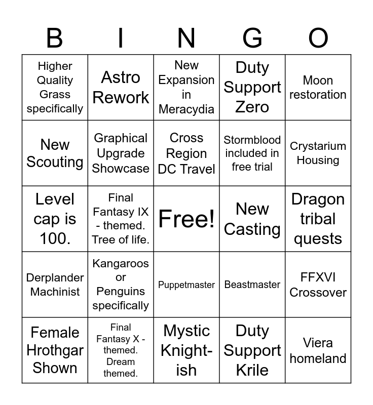JK's Endwalker Fanfest1 Predictions Bingo Card