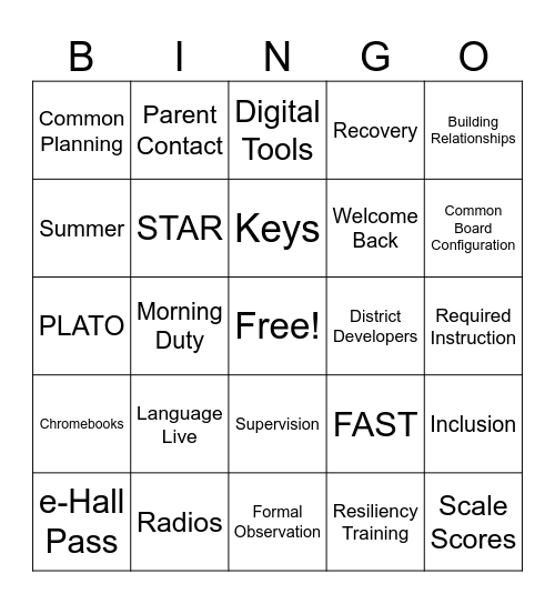 FBS Faculty Meeting Bingo Card