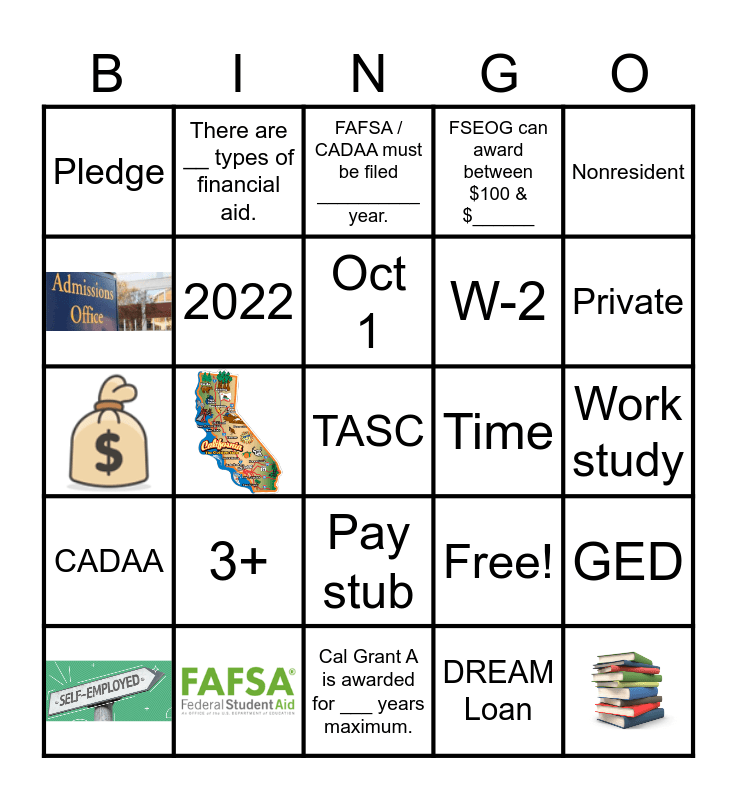 Financial Aid Overview Bingo Card