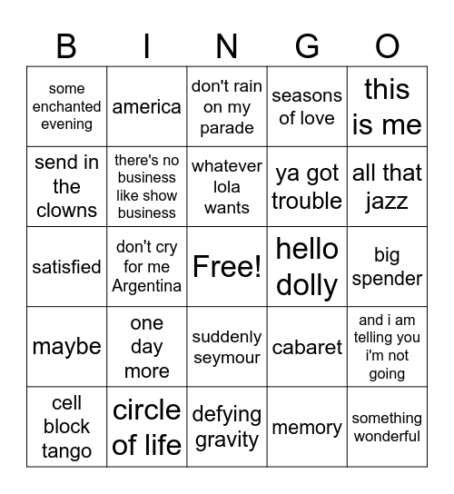 broadway Bingo Card