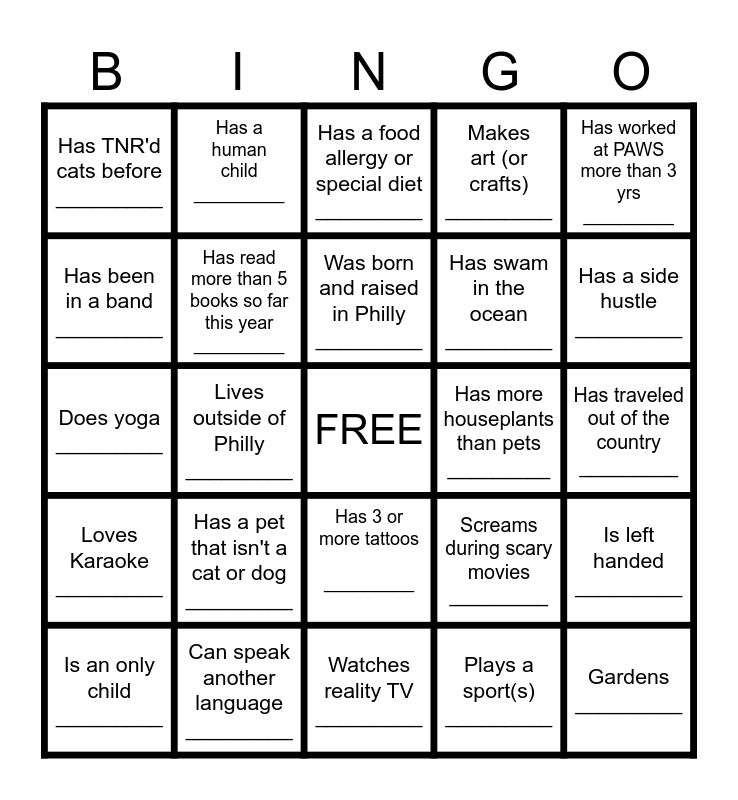 PAWS staff bingo! Bingo Card
