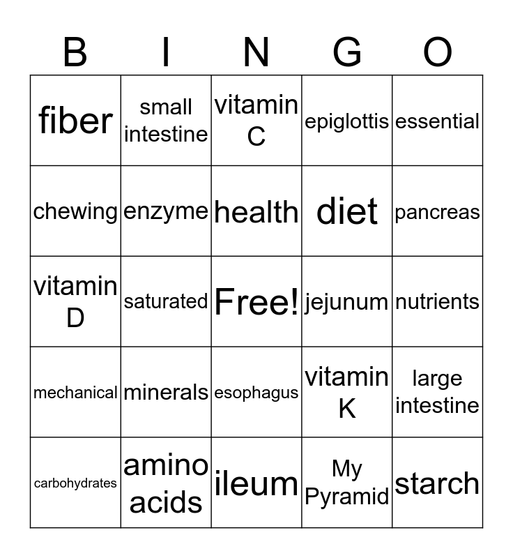 Digestion Bingo Card