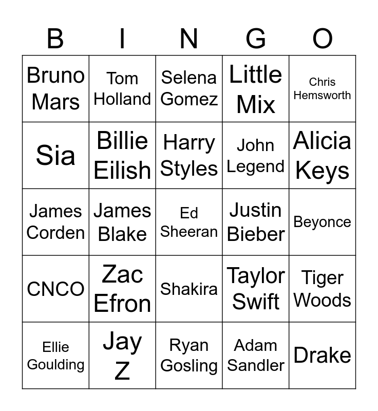 Celebrities! Bingo Card