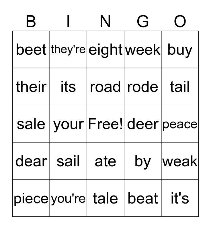 3rd Grade Homophone Bingo Card