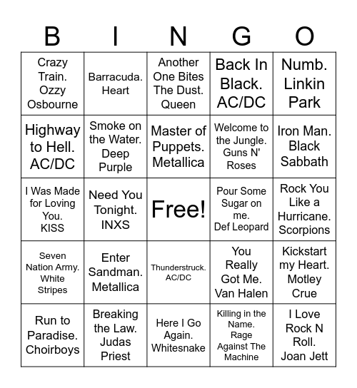 CLASSIC ROCK Bingo Card