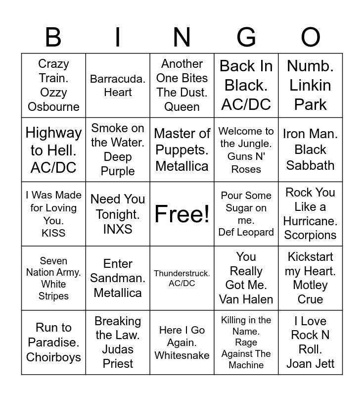 CLASSIC ROCK Bingo Card