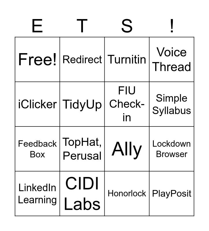ETS Tools Bingo Card