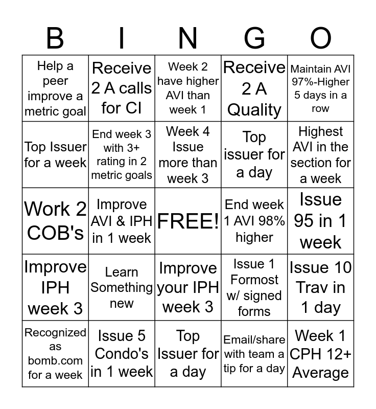 Completion Bingo Card