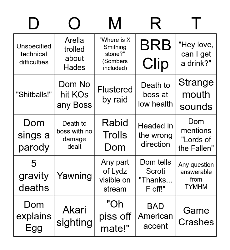 Dom's Roundtable Bingo Card