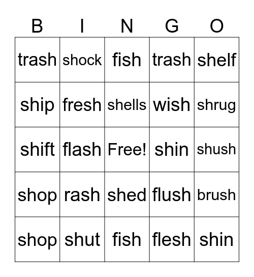 sh digraph words Bingo Card