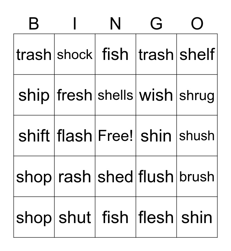 sh digraph words Bingo Card