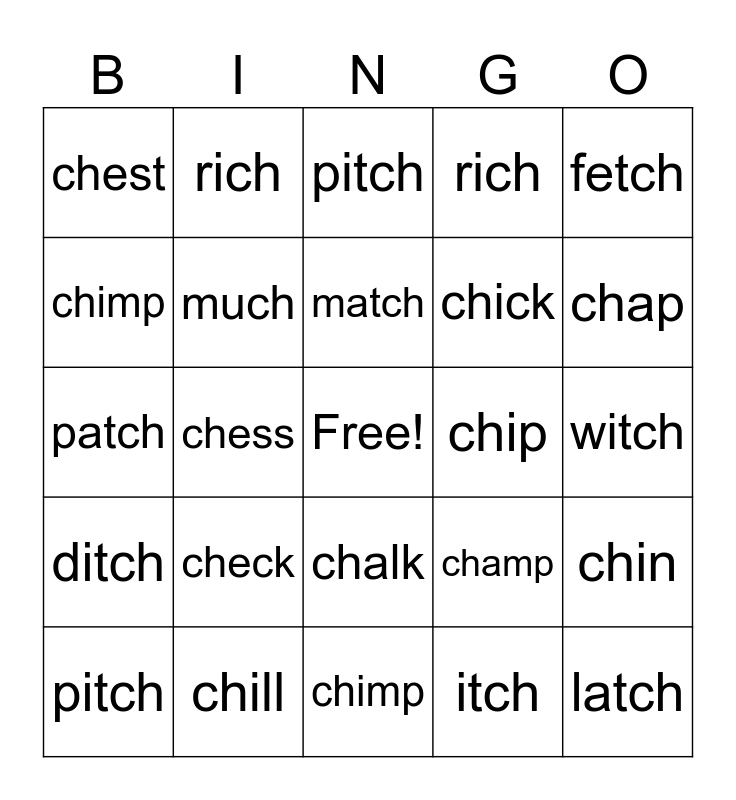 ch digraph Bingo Card