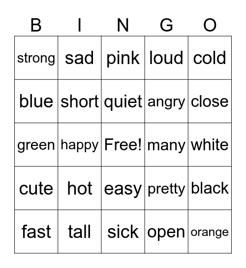 Adjective Bingo Card