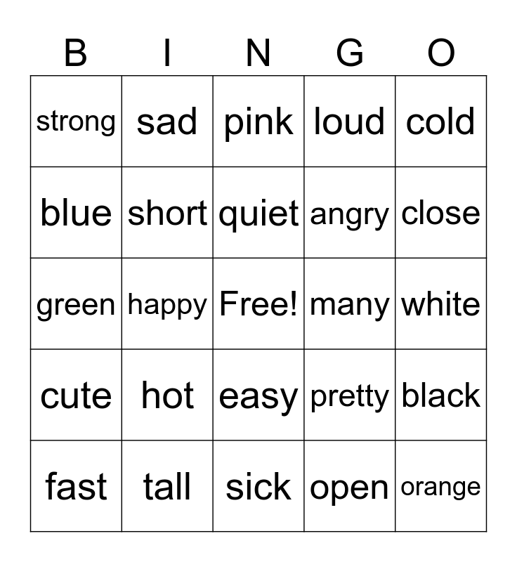 Adjective Bingo Card