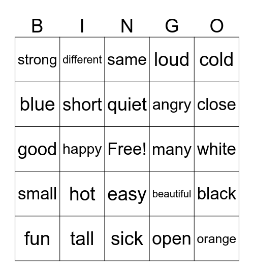 Adjective Bingo Card