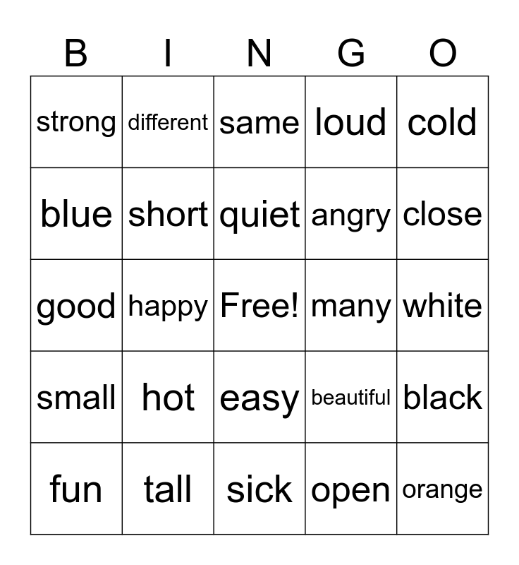 Adjective Bingo Card