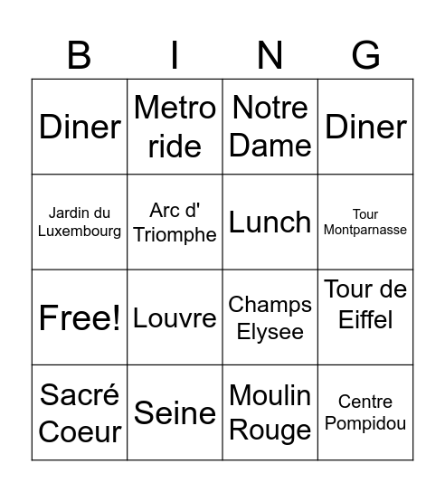 Citytrip Paris Bingo Card