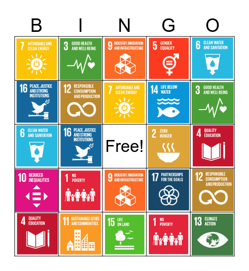 UN Sustainable Development Goals Bingo Card