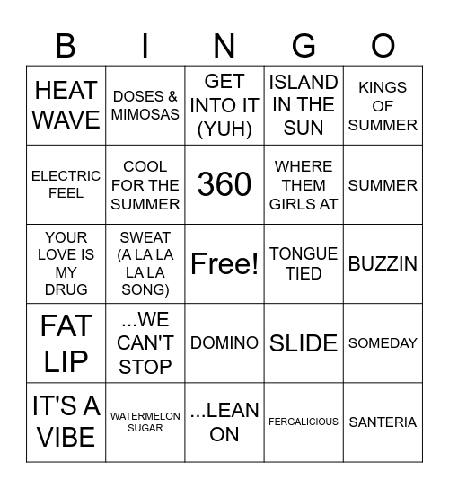 Round Two: Summer Anthems Bingo Card