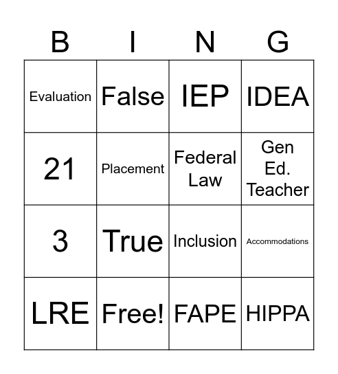 Exceptional Ed Review Bingo Card