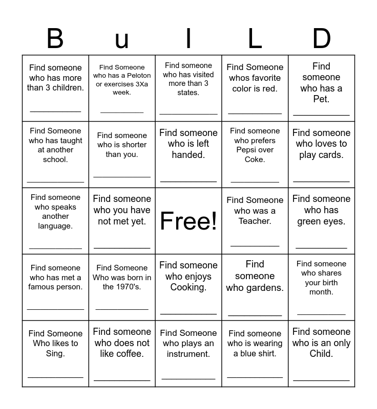 BUILDing Relationships BINGO Card