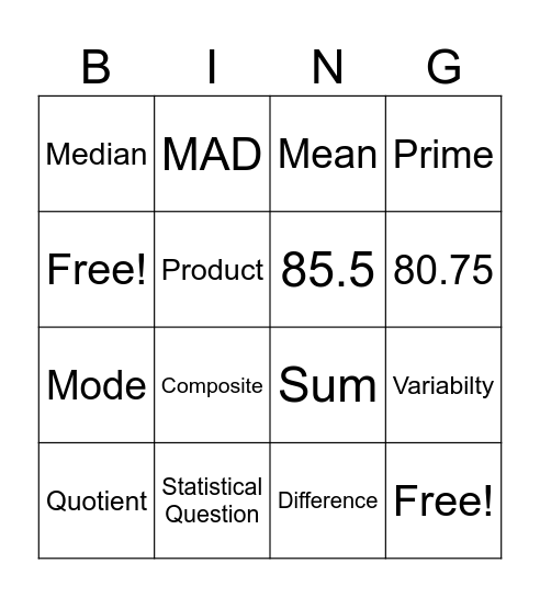 Measures of Center - Unit 1 Bingo Card