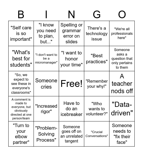 Professional Development Bingo Card