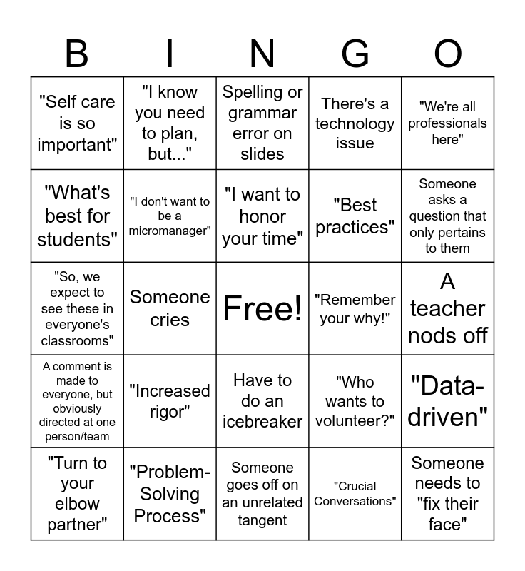 Professional Development Bingo Card