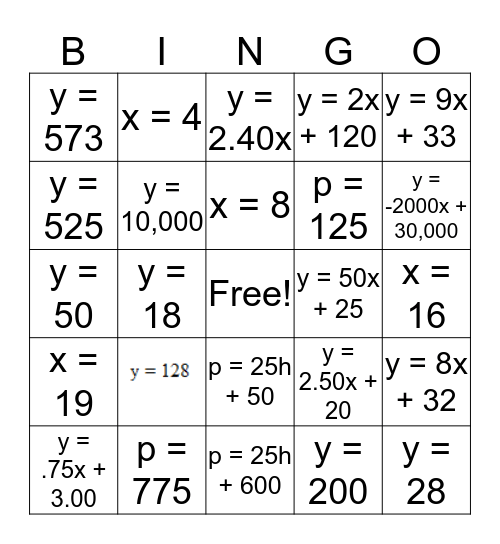 Writing Linear Equations Bingo Card