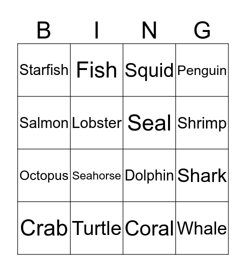 Aquatic Animals Bingo Card