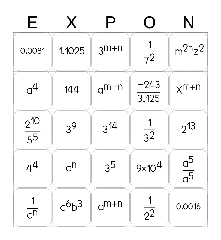 Exponent Bingo Card