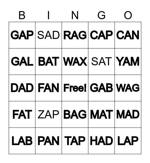 Untitled Bingo- SHORT "A" WORDS Bingo Card