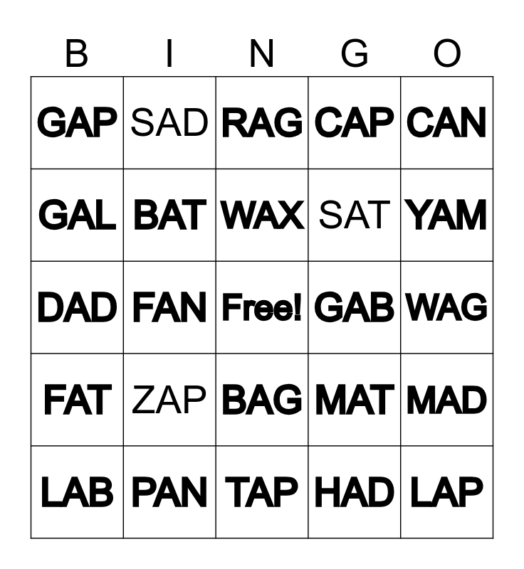 Untitled Bingo- SHORT "A" WORDS Bingo Card