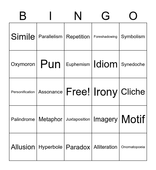 Literary Devices Bingo Card