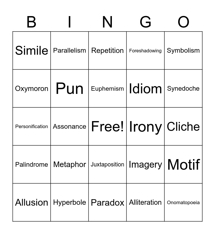 Literary Devices Bingo Card