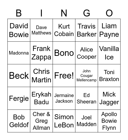 Questionable Musician Baby Names Bingo Card