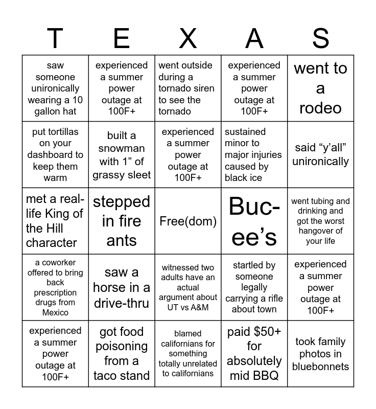 Texas Bingo Card
