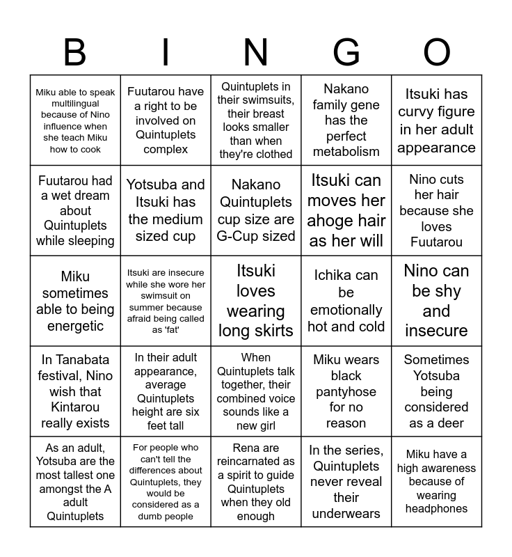 Quintessential Quintuplets Bingo (extreme level) Bingo Card